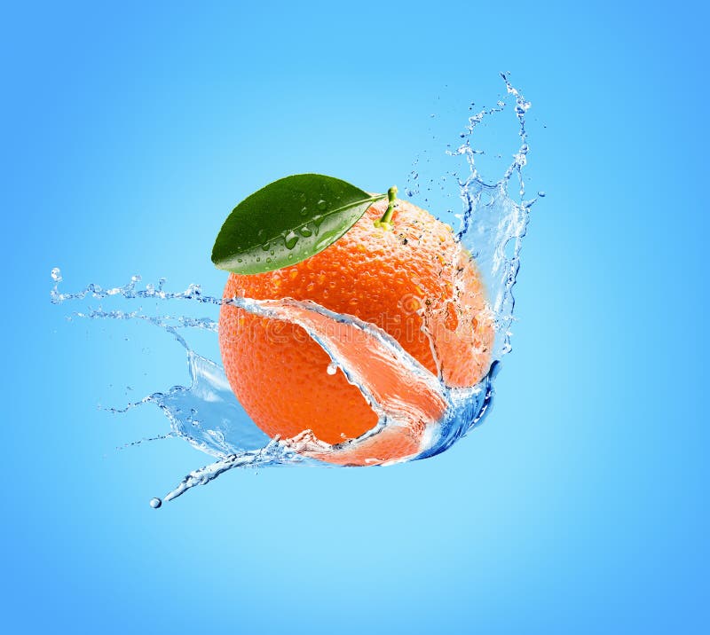 Orange In Water Splash On A Blue Background Stock Photo - Image of ...