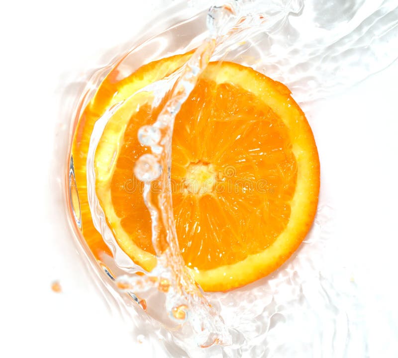 Orange in Water on White Background Stock Photo - Image of flowing ...