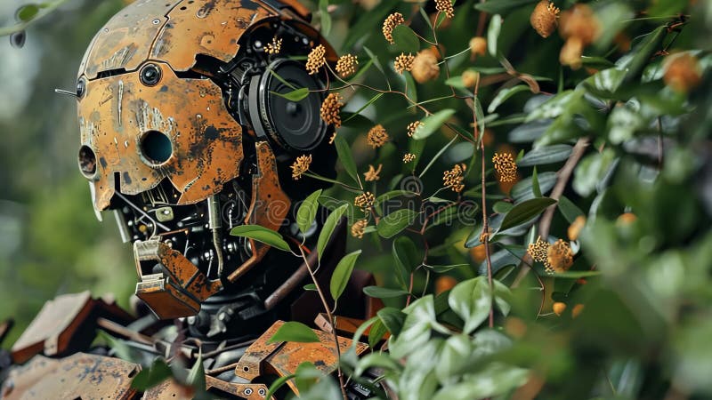 Orange Weathered Robot in Lush Greenery, Nature and Technology Concept ...