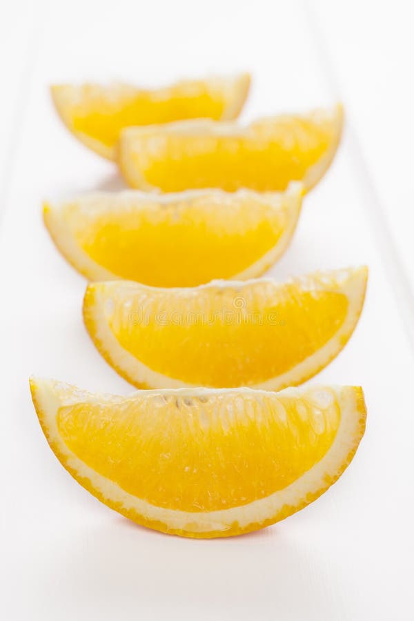 Orange Slices Wedges on White Plate Stock Photo - Image of citrus ...