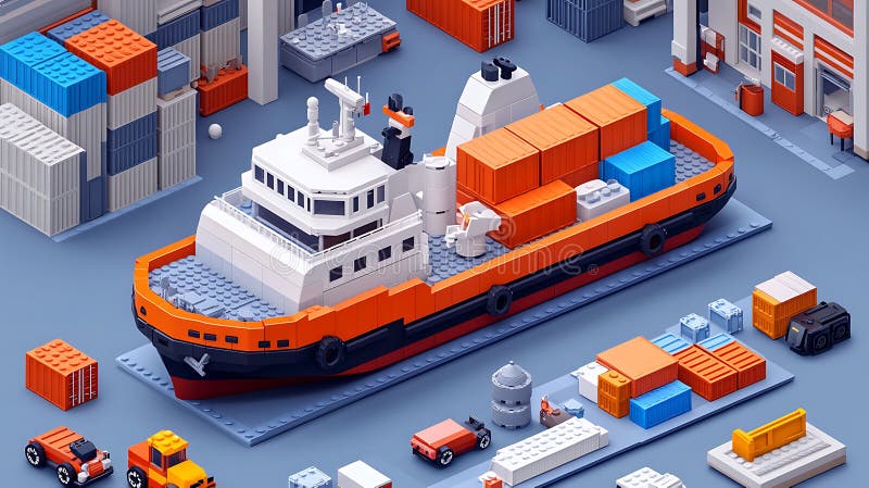 Orange and White Cargo Ship in a Pixel Art Harbor Stock Illustration ...