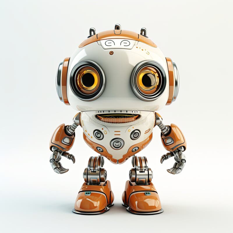 Orange and White Cartoon-style Robot with Expressive Eyes on White ...