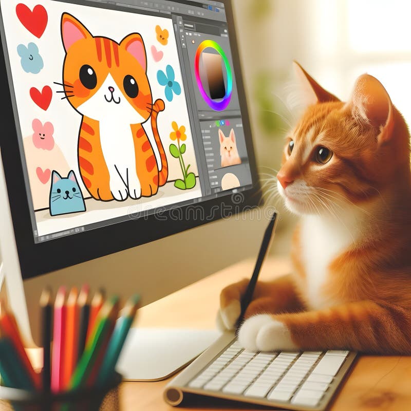 Orange and White Cat Drawing a Cat in Front of the Computer Screen the ...