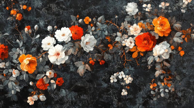 Orange White Red Roses Dark Floral Background Stock Illustration ...