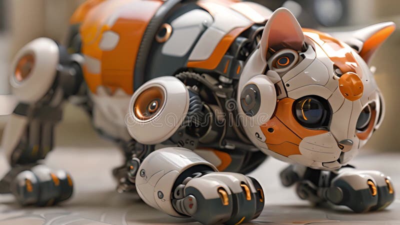 An Orange and White Robot Cat is Standing on a Table. Orange and White ...