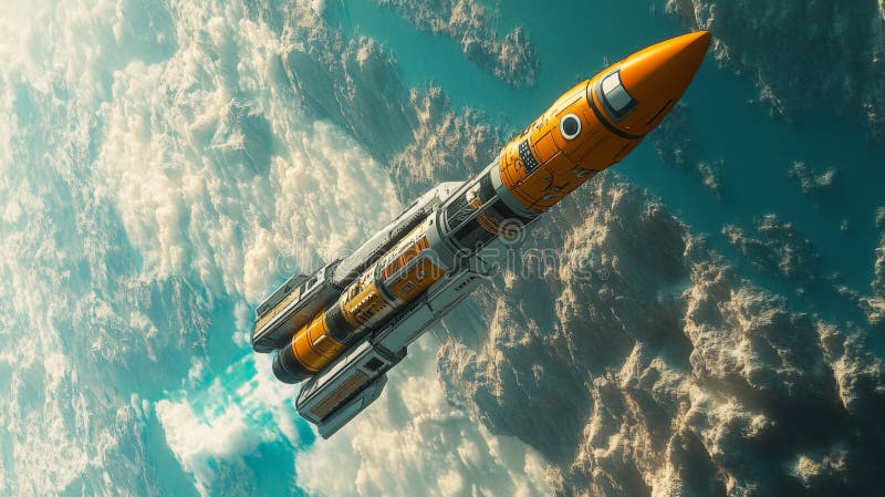 Orange and White Rocket Ascending through Clouds Stock Illustration ...