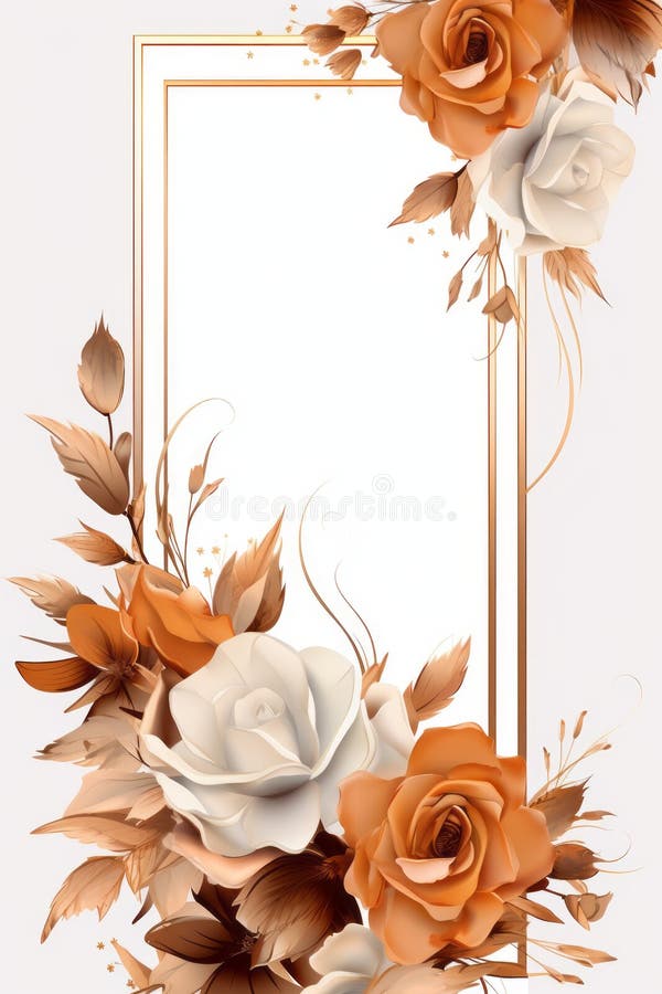 An Orange and White Rose Frame with Leaves and Flowers on a White ...