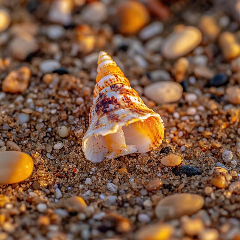 Orange and White Seashell Resting on Sandy Beach during Sunset Stock ...