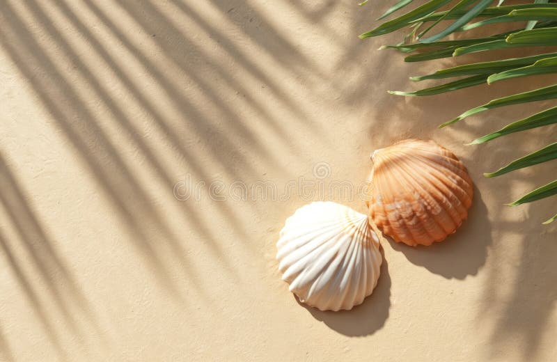 Orange, White Seashells with Palm Leaf Shadows on Bright Sand ...