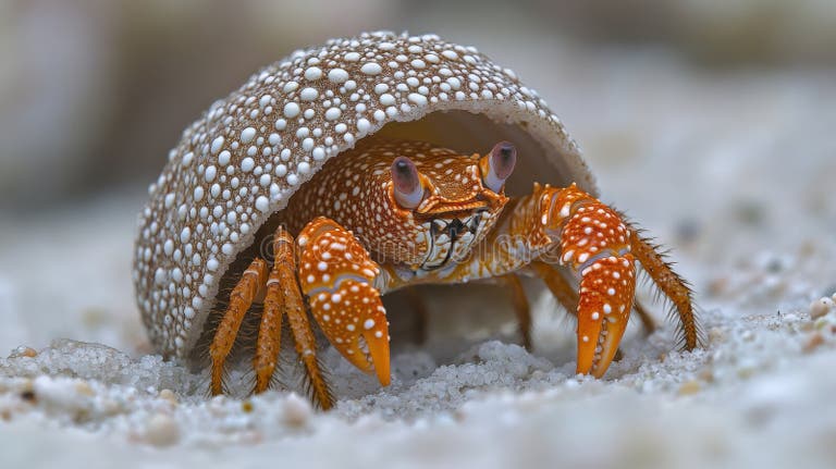Orange and White Spotted Hermit Crab Emerging from Shell on White Sand ...