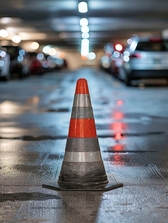 An Orange and White Traffic Cone in a Wet, Dimly-lit Parking Garage ...