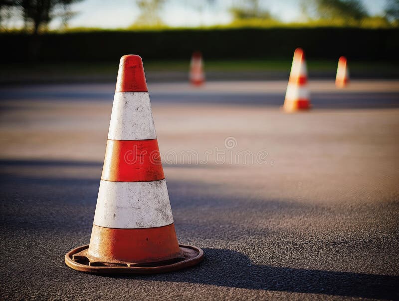 Orange, White Traffic Cones Mark Parking Lot Area. Daytime Scene Shows ...