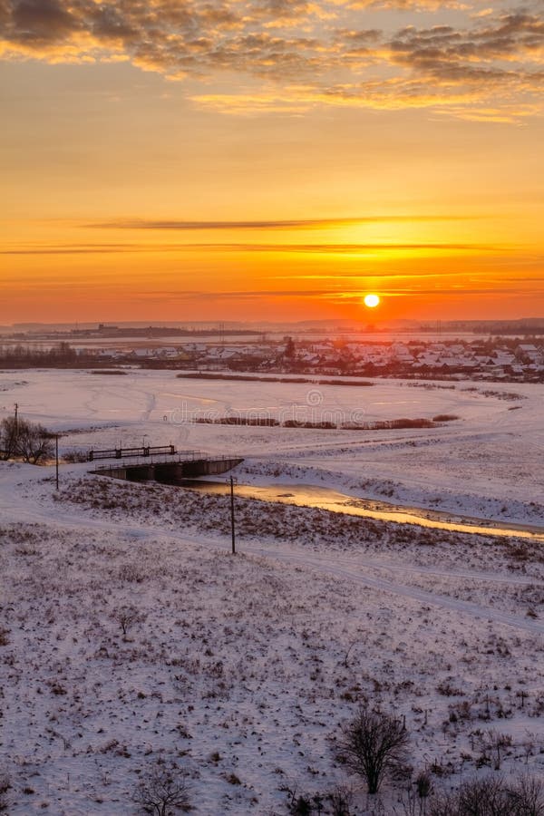 Orange Winter Dawn Over the Field Stock Image - Image of horizon ...