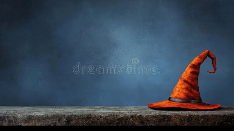 Orange Witch Hat on a Rustic Wooden Table Against a Textured Dark Blue ...