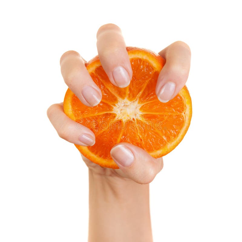 Orange in Woman Hand. Isolated on a White Stock Photo - Image of finger ...