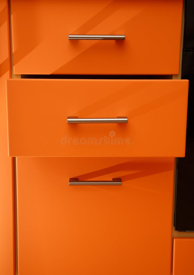 Orange Wooden Kitchen Drawers Stock Photo - Image of orange, wooden ...