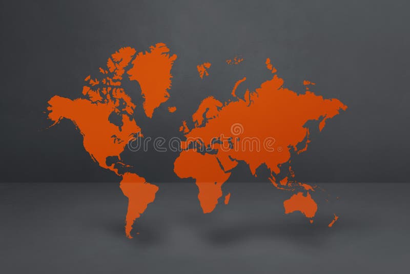 Orange World Map on Black Concrete Wall Background. 3D Illustration ...