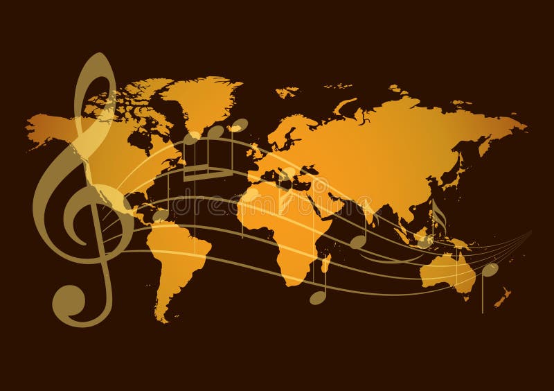 Orange World Map with Music Notes on Dark Brown Background - Vector ...