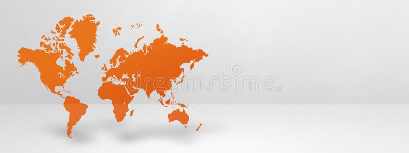 Orange World Map on White Wall Background. 3D Illustration. Horizontal ...