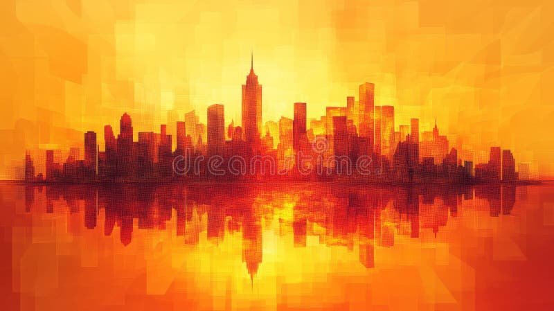 Orange and Yellow City Skyline Sunset Reflection Stock Illustration ...