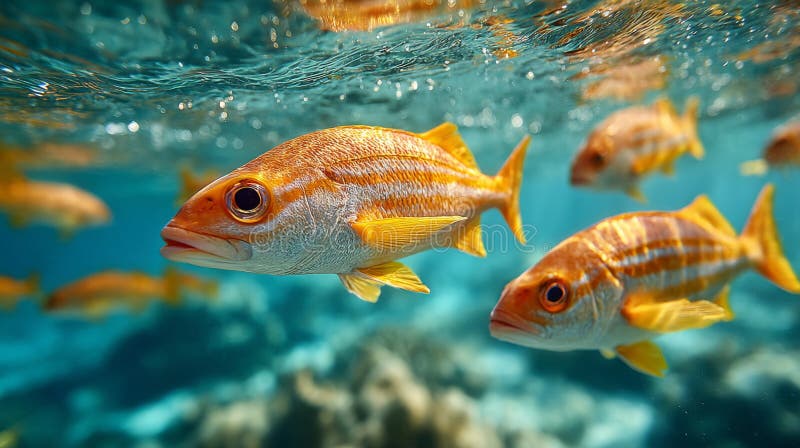 Orange and Yellow Fish School Underwater Coral Reef Stock Image - Image ...