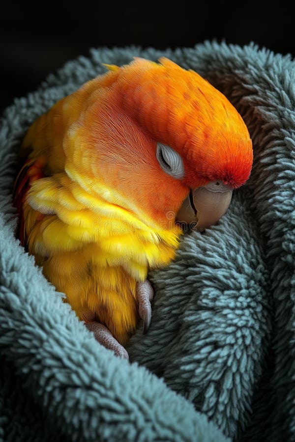 Orange, Yellow and Red Sun Conure Parrot Sleeping Peacefully, Wrapped ...