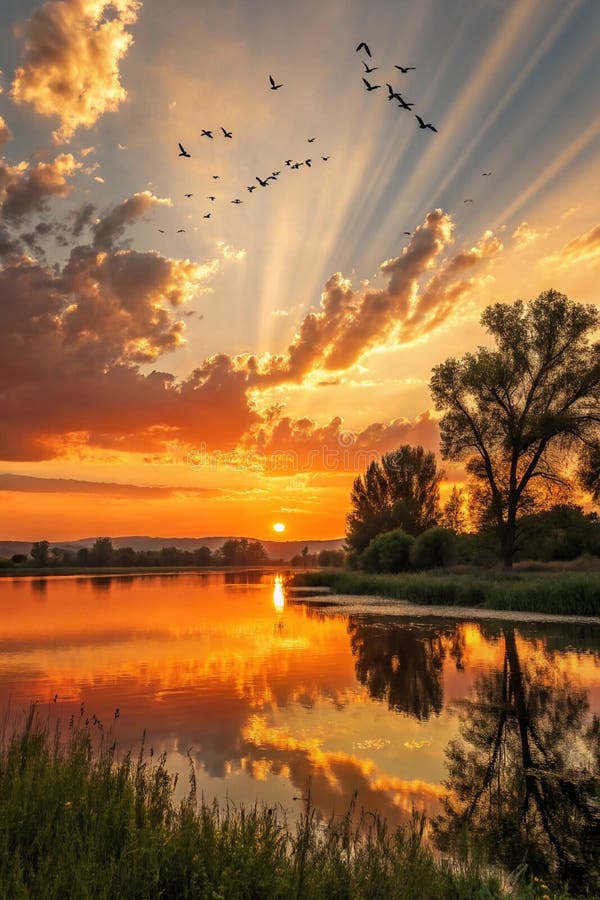 Orange, Yellow Sunset Sky, Water Mirror, Nature Landscape Stock ...