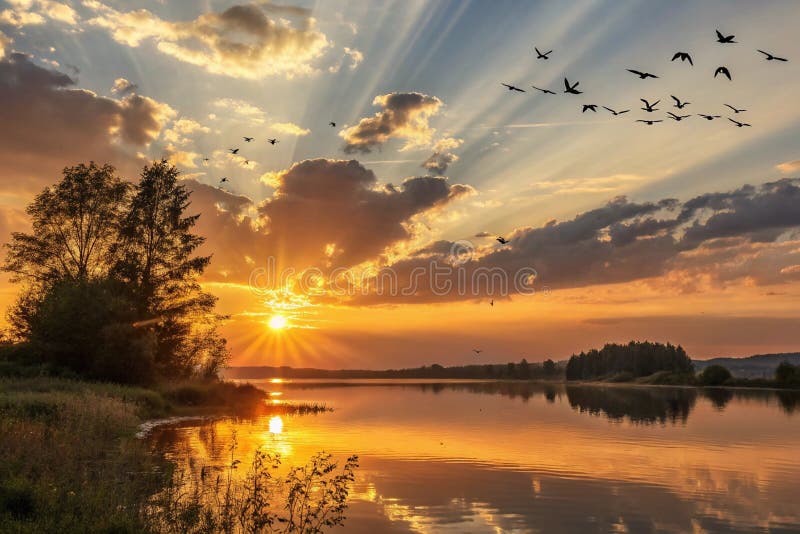 Orange, Yellow Sunset Sky, Water Mirror, Nature Landscape Stock ...