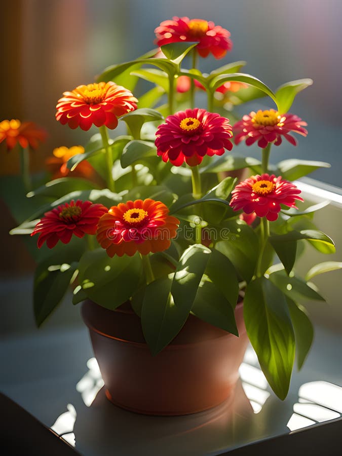 Orange Zinnia Flowers in a Pot on Windowsill Stock Illustration - Illustration of closeup, petal ...