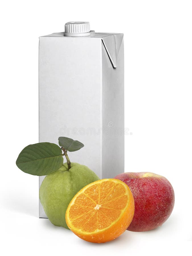 Oranges, Apples, Guava, and Box Empty White Fruit Juice Isolated on ...