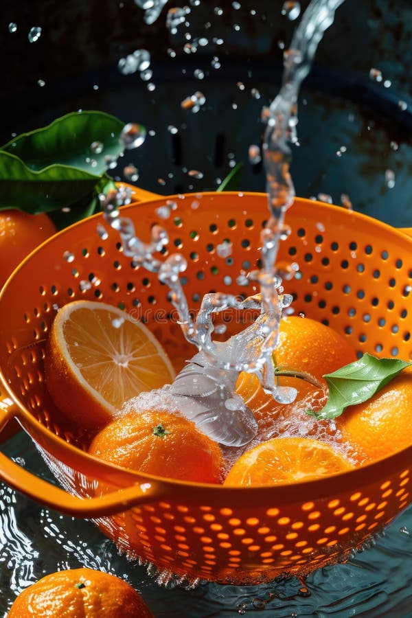 Oranges Being Cleaned with Water Using a Colander Stock Image - Image ...