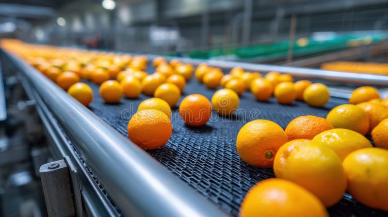 Oranges Being Sorted on a Conveyor Belt in a Fruit Processing Facility ...