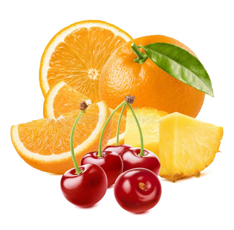 Oranges, Cherries and Pineapple Slices Isolated on White Background ...
