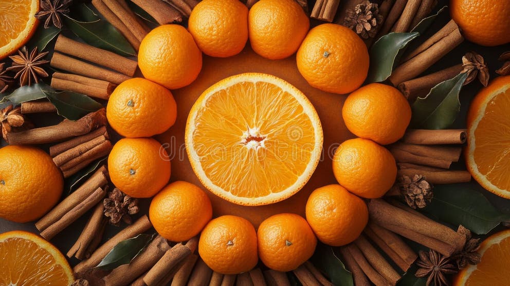 Oranges Cinnamon Sticks and Spices Arranged in a Circle Stock ...