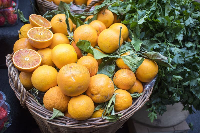 Oranges on the Counter of Farmers Market. Half Cut Orange Stock Image ...