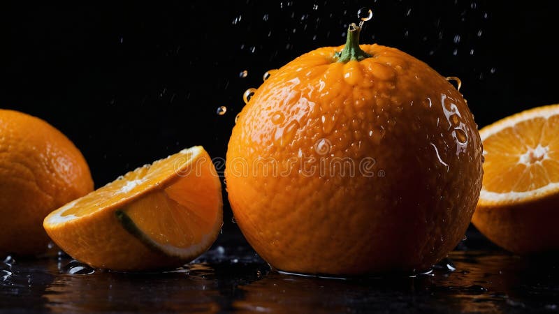 Oranges Cut in Half with Water Drops on a Dark Background Stock ...