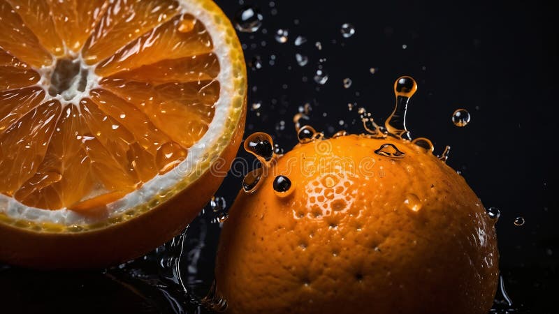 Oranges Cut in Half with Water Drops on a Dark Background Stock ...