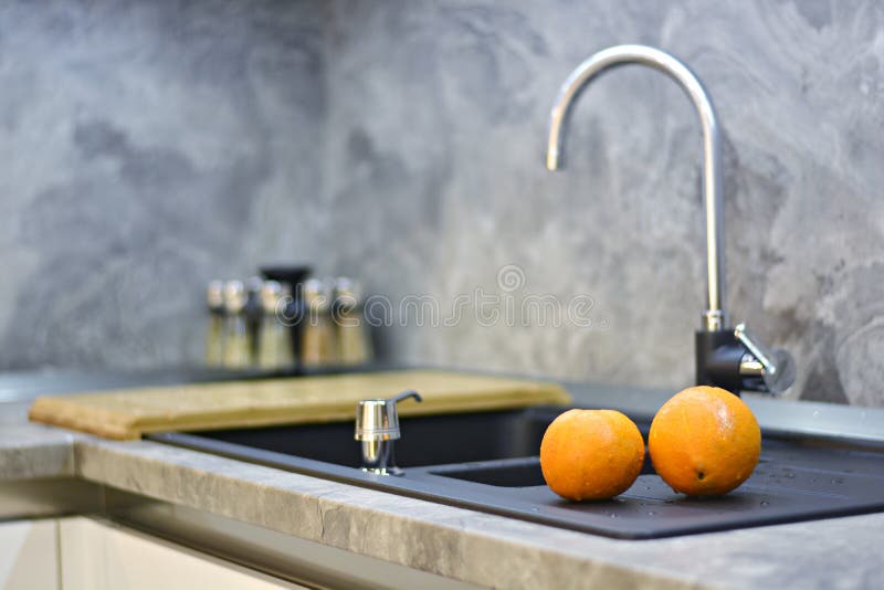 Oranges on the Kitchen Worktop To the Sink Stock Photo - Image of fresh ...