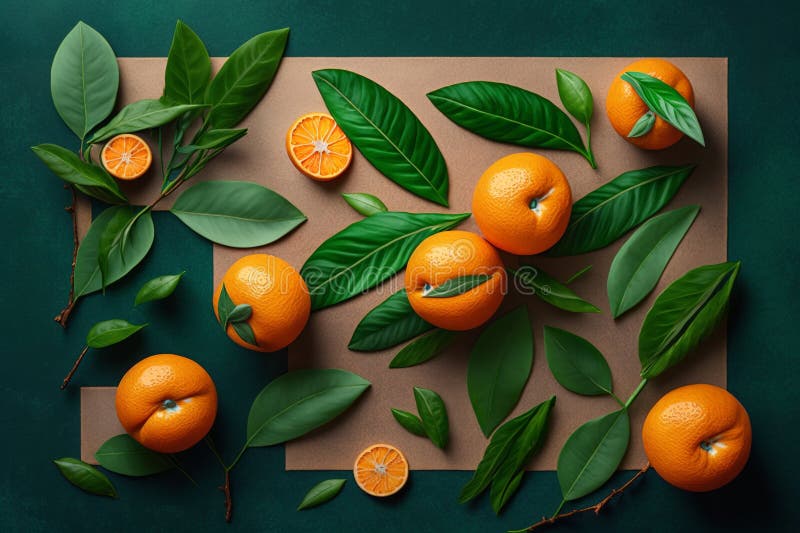 Oranges and Leaves Flat Lay Background, Generative AI Stock ...