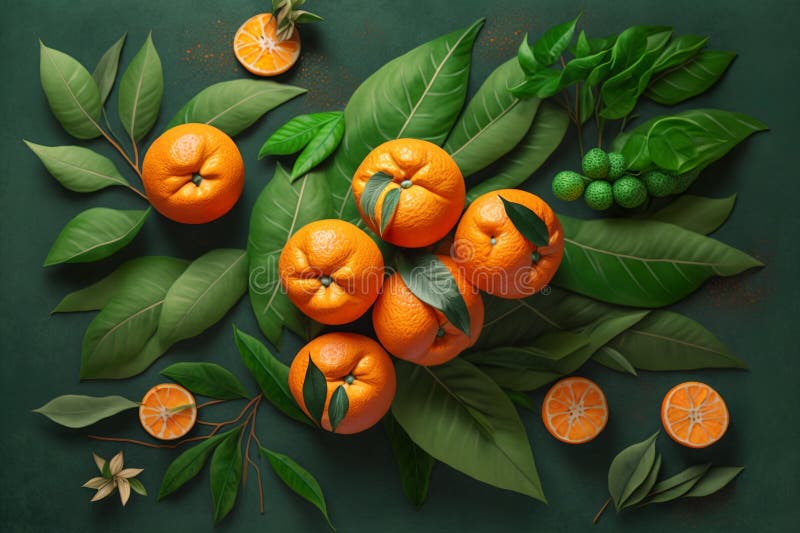 Oranges and Leaves Flat Lay Background, Generative AI Stock ...