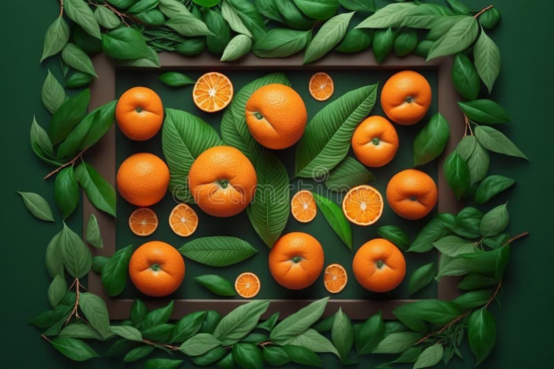 Oranges and Leaves Flat Lay Background, Generative AI Stock ...