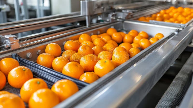 Oranges Moving Along a Conveyor Belt in a Processing Facility Stock ...