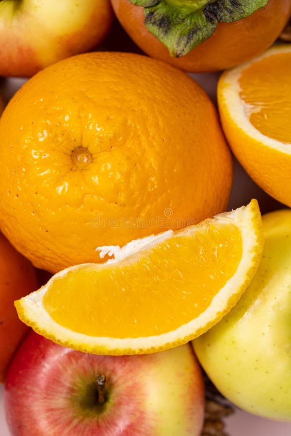 Oranges, Orange Slices and Apples Close-up View from Above. Stock Image ...