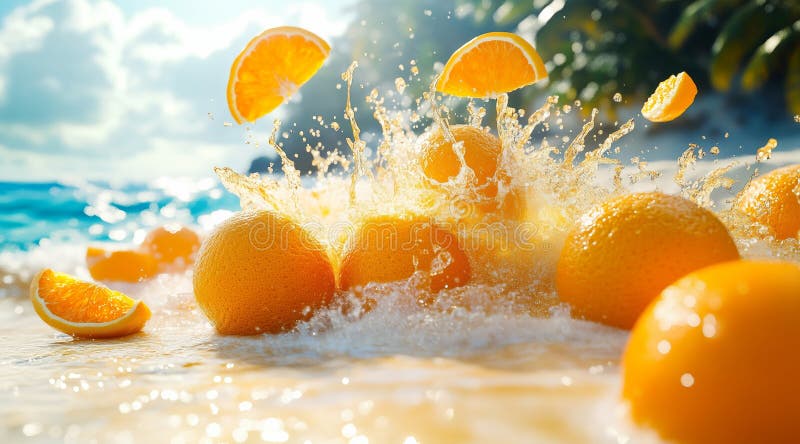 Oranges and Orange Slices Splash in the Surf on a Sunny Beach Stock ...