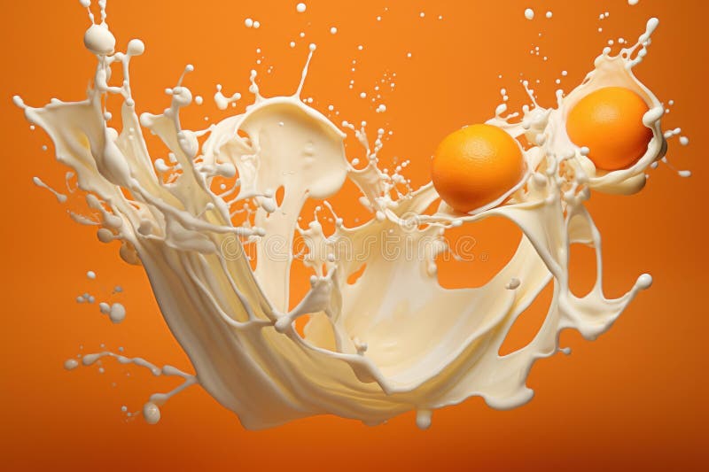 Oranges Splashing in Milk on Orange Background Stock Image - Image of ...