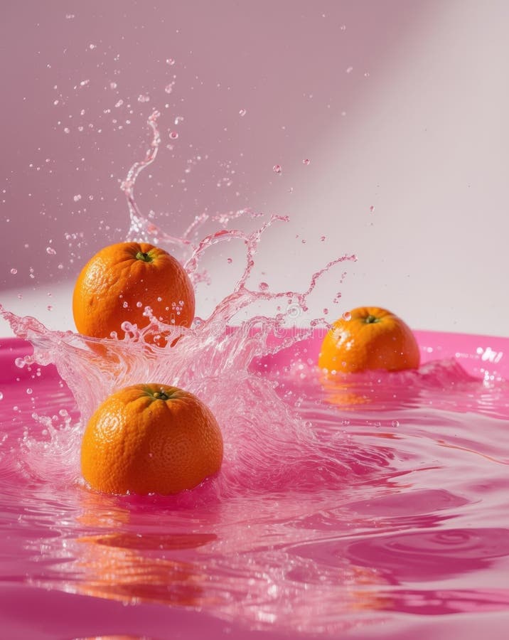 Oranges Splashing in Pink Water with Vibrant Lighting Stock Photo ...