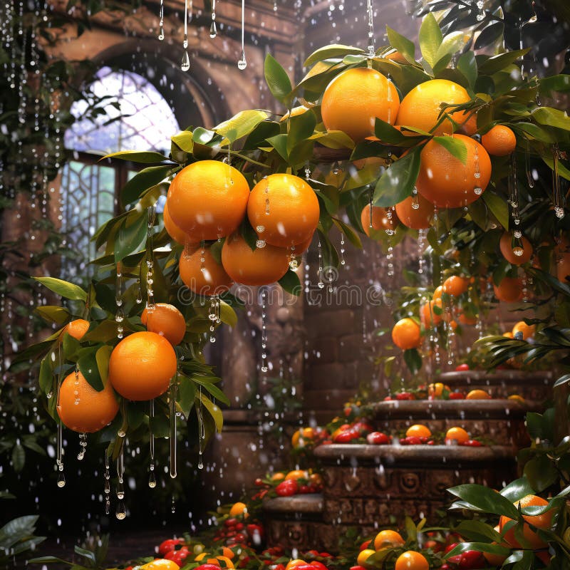 Oranges on a Tree with Rain Drops Falling in the Background Stock ...
