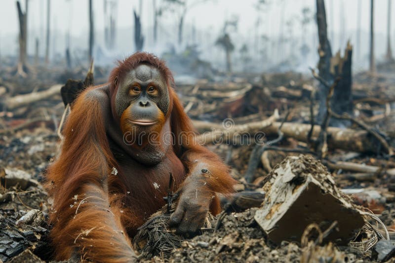 Orangutan in Devastated Forest Stock Illustration - Illustration of ...