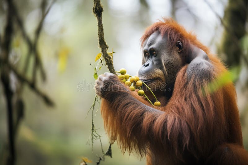 Orangutan Eating Fruit in Dense Forest Canopy Stock Photo - Image of ...