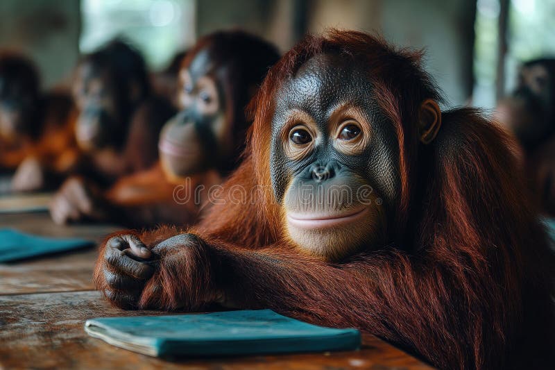 An Orangutan in a School. Wild Animals Learning in a Classroom Stock ...